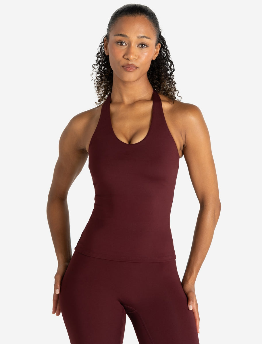 Allure Halter Neck Vest with Built-in Bra | Dark Burgundy | Pursue Fitness