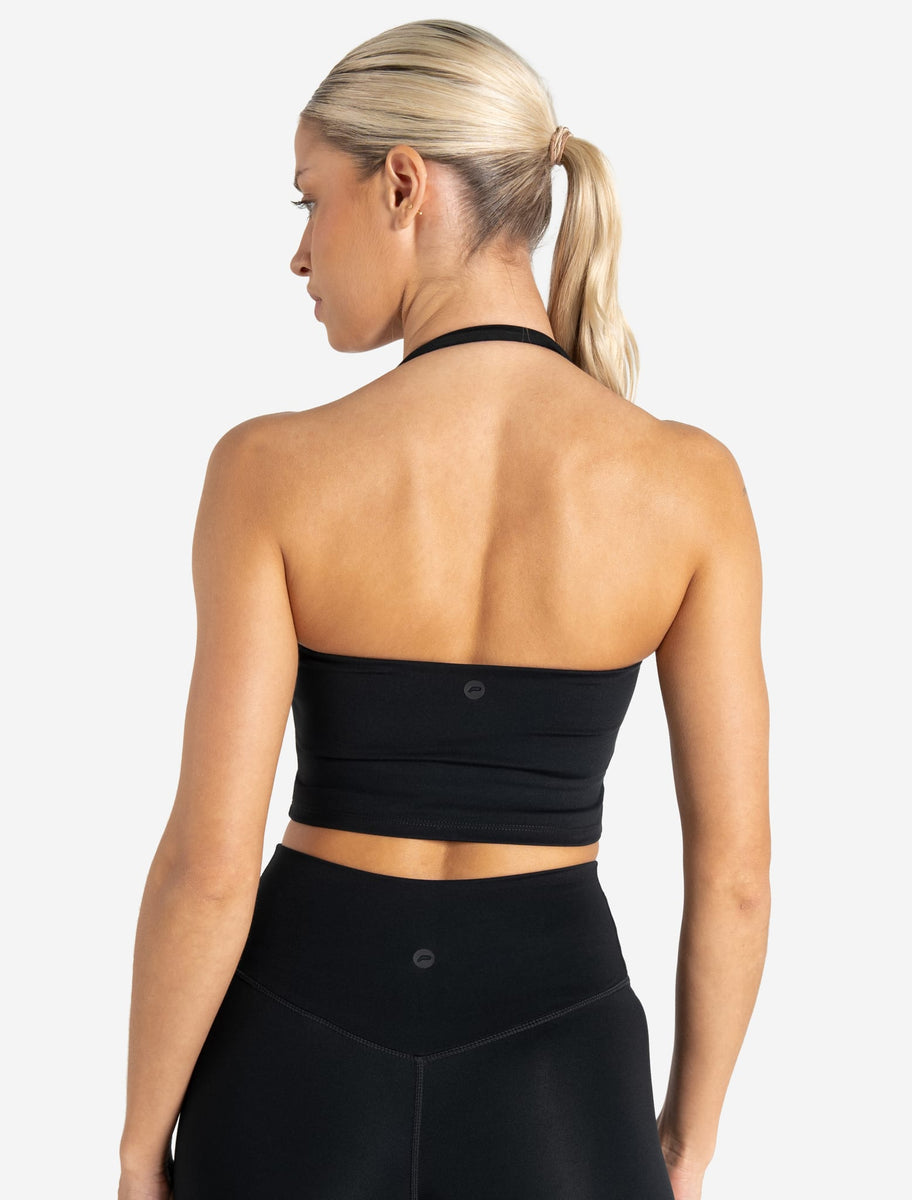 Allure Halter Neck Crop Vest with Built-in Bra | Black | Pursue Fitness