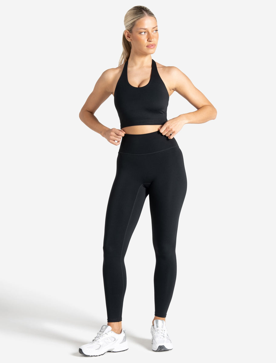 Allure Halter Neck Crop Vest with Built-in Bra | Black | Pursue Fitness