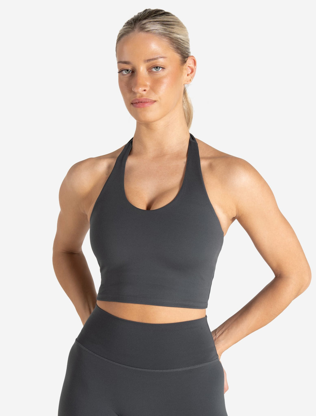 Allure Halter Neck Crop Vest with Built-in Bra | Storm Grey | Pursue ...