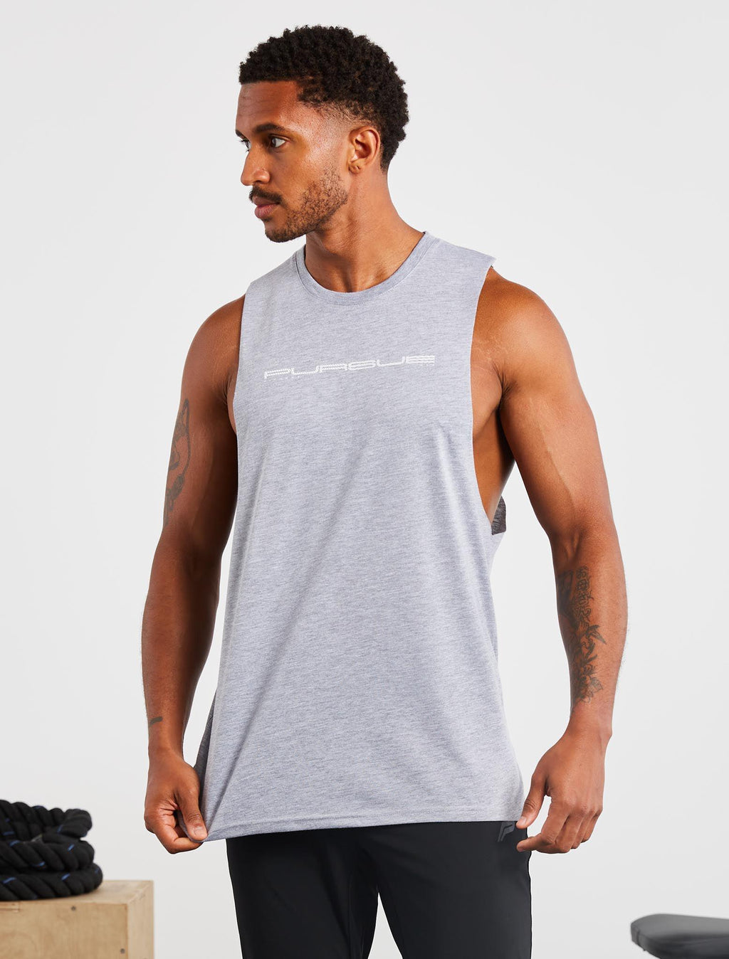 Graphic Drop Arm Tank | Grey Marl | Pursue Fitness