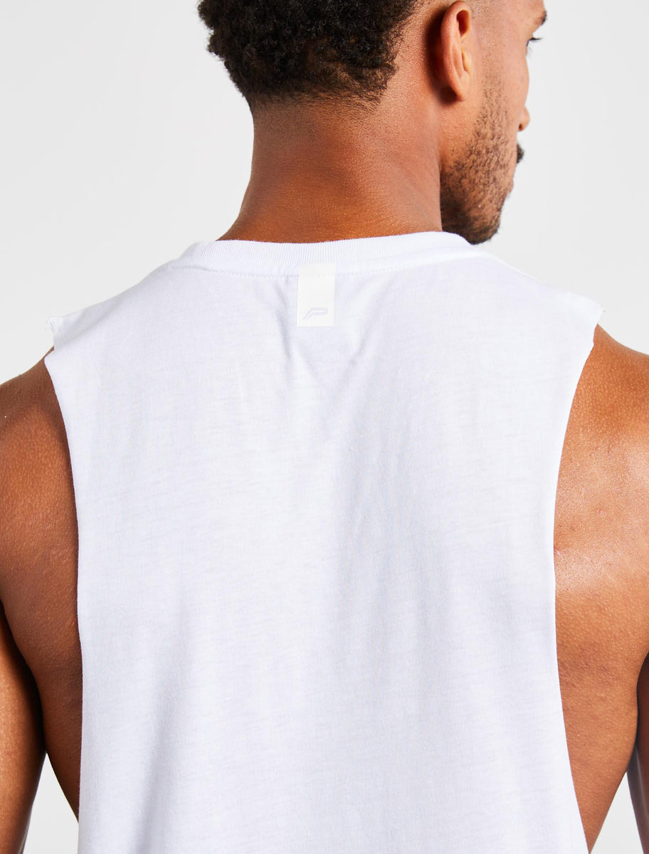 Graphic Drop Arm Tank | White | Pursue Fitness